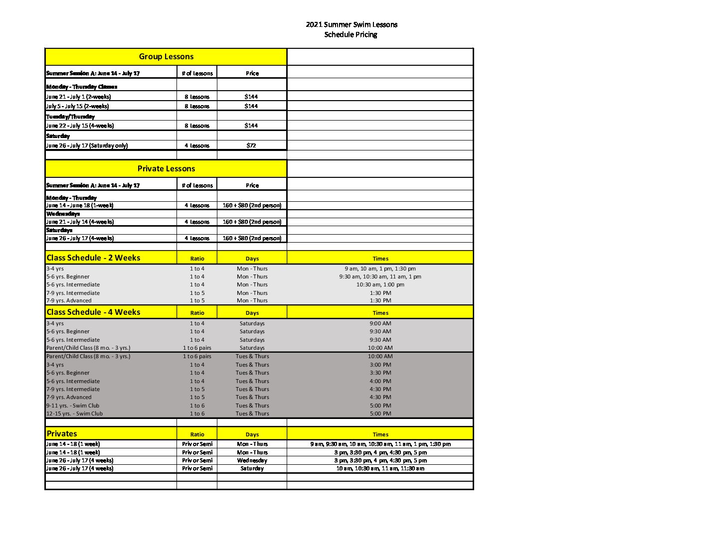 Swim Lessons - Summer 2021 Schedule - Strawberry Recreation District